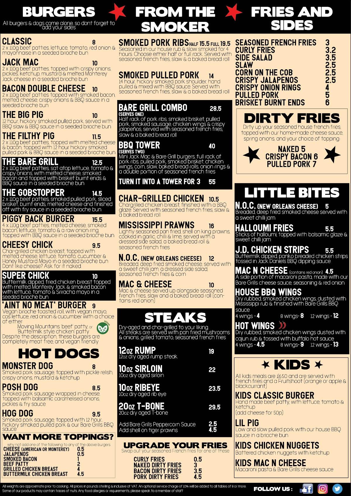 Menu at Bare Grills, Weston-super-Mare