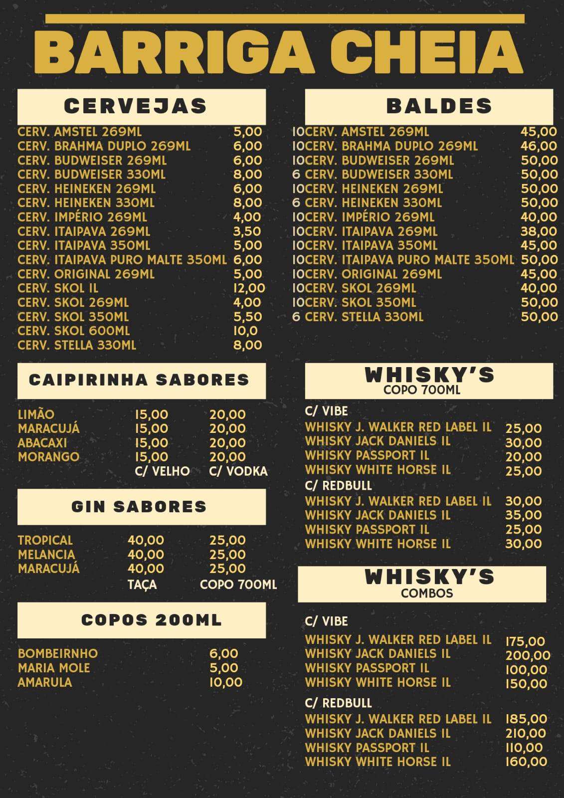 Carta de Barriga Cheia Bar & Restaurante, Cotia