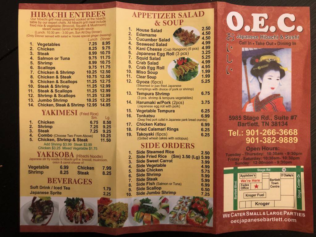 Menu at OEC Japanese Express restaurant Bartlett