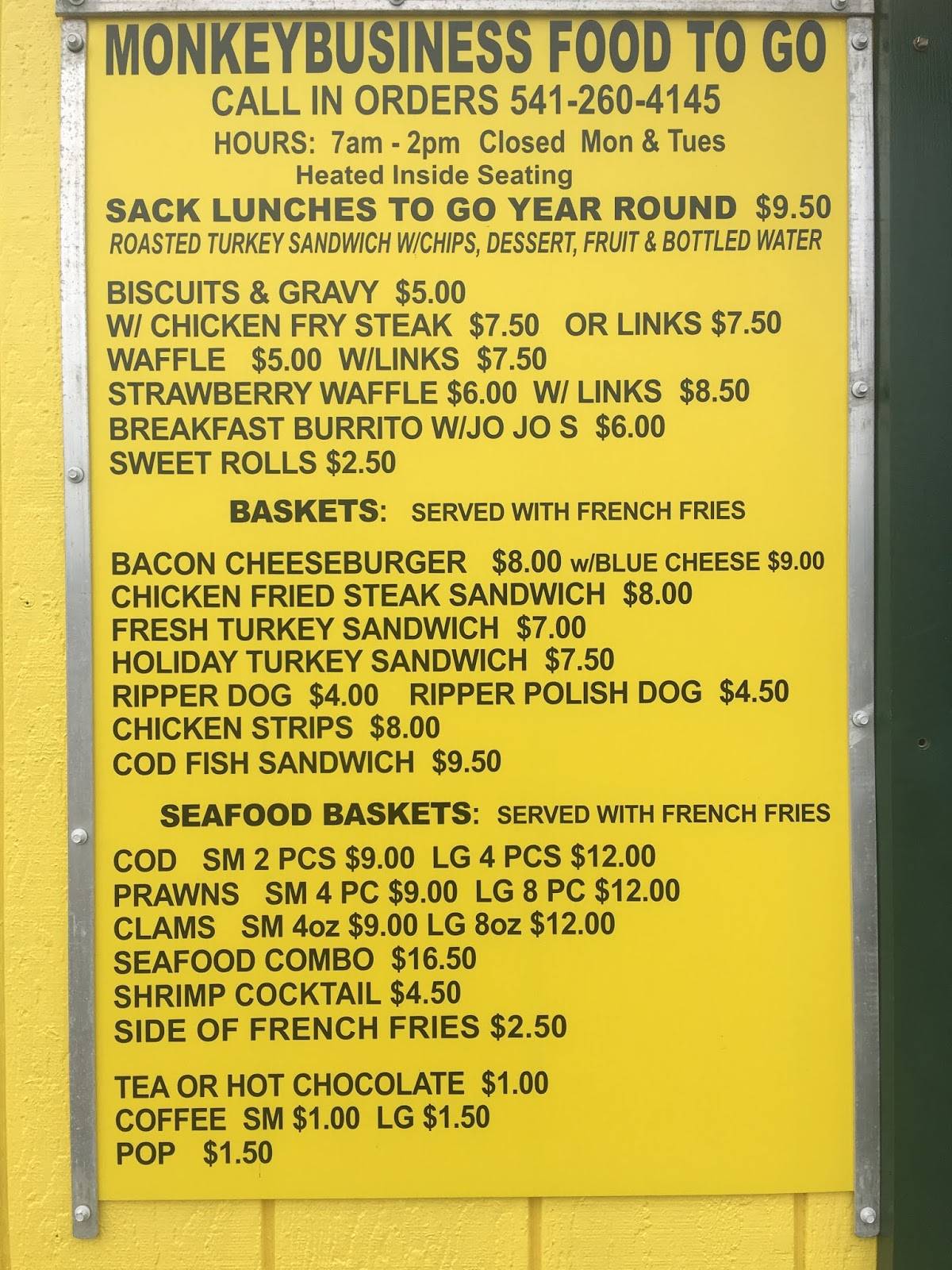 Menu at Monkey Business Food Express To Go restaurant, Barview