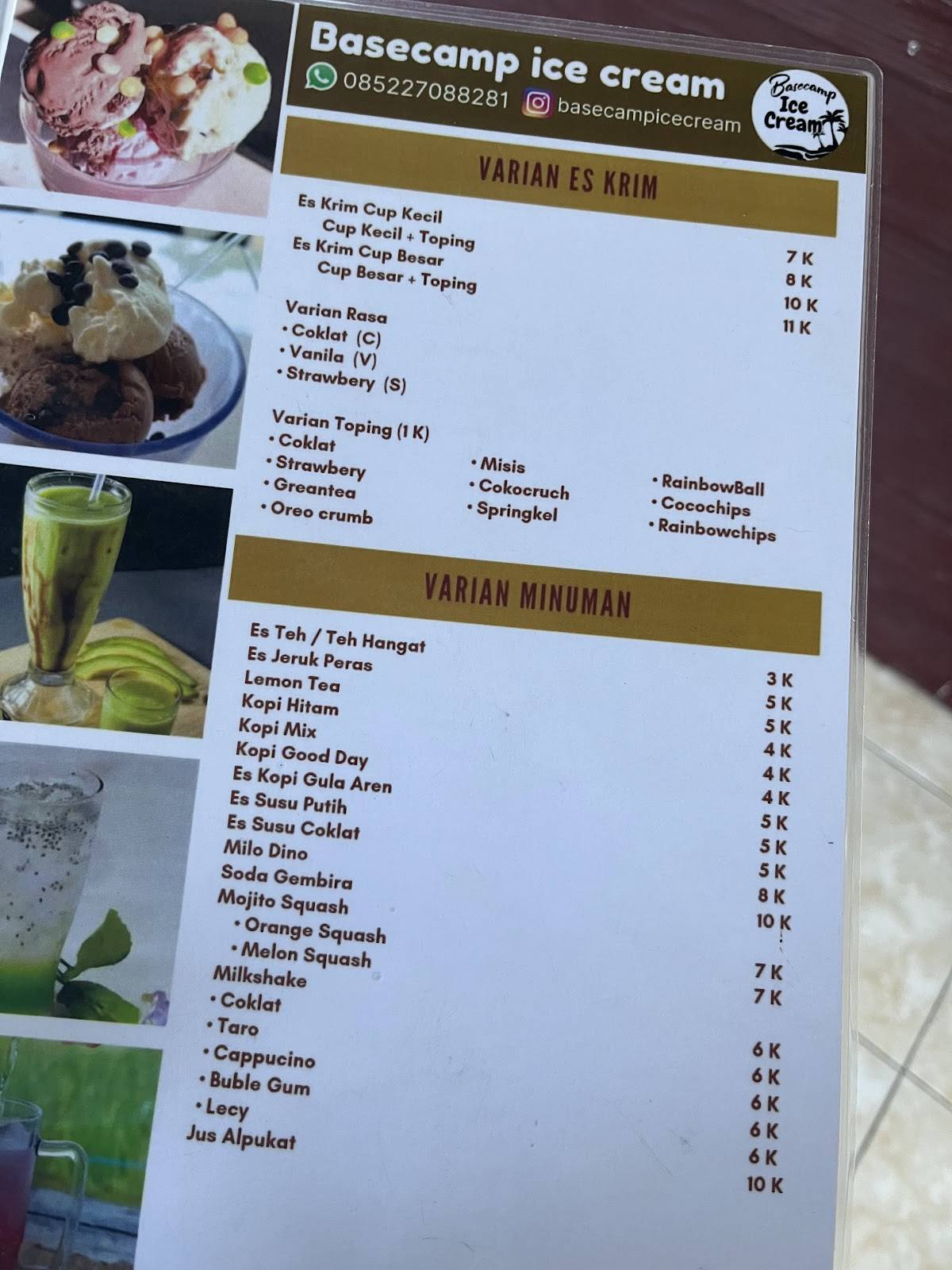 Menu at Basecamp Ice Cream restaurant, Candirenggo