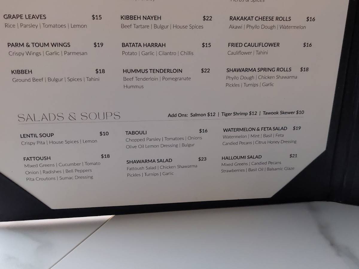 Menu at Basha Lebanese Restobar, London