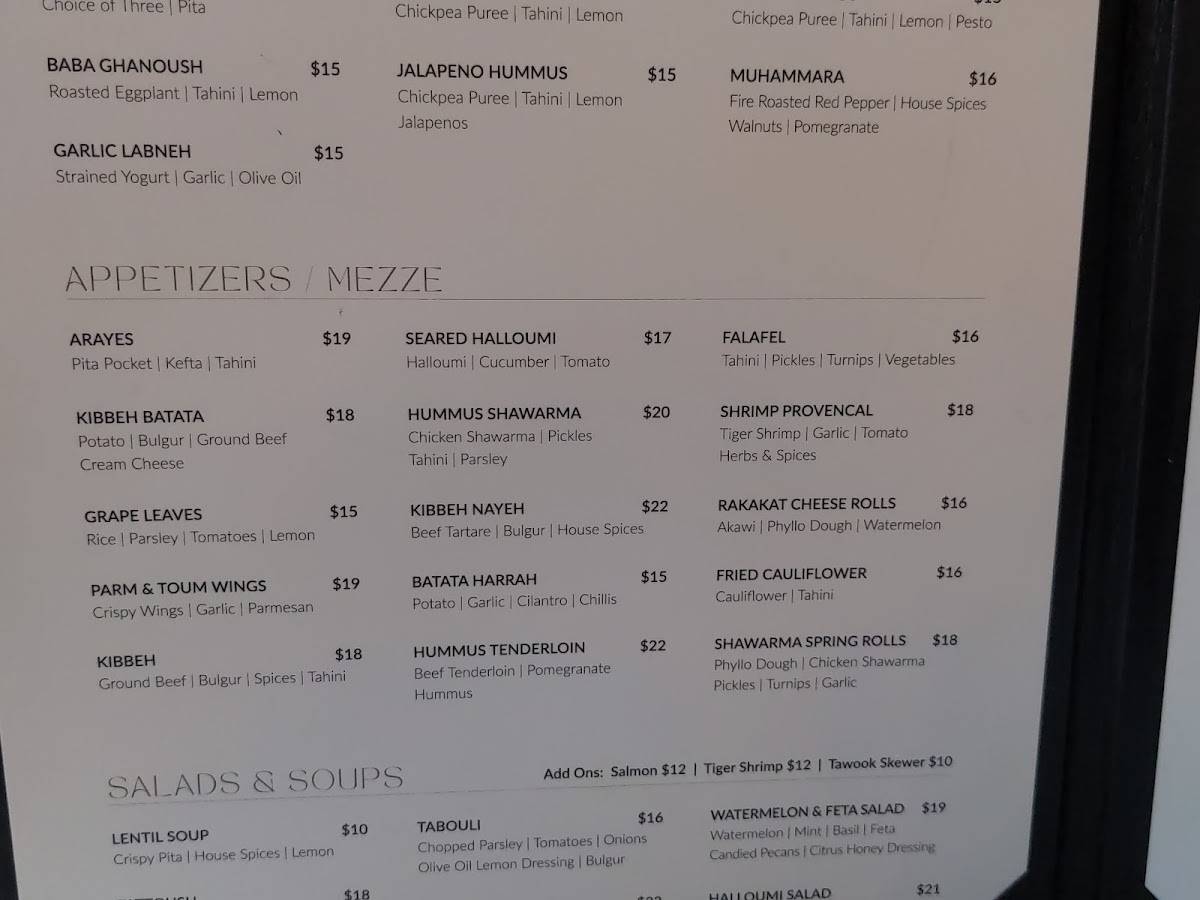 Menu at Basha Lebanese Restobar, London