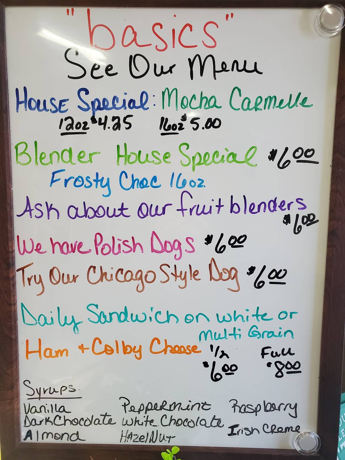 Carta del restaurante Basics, Quartzsite