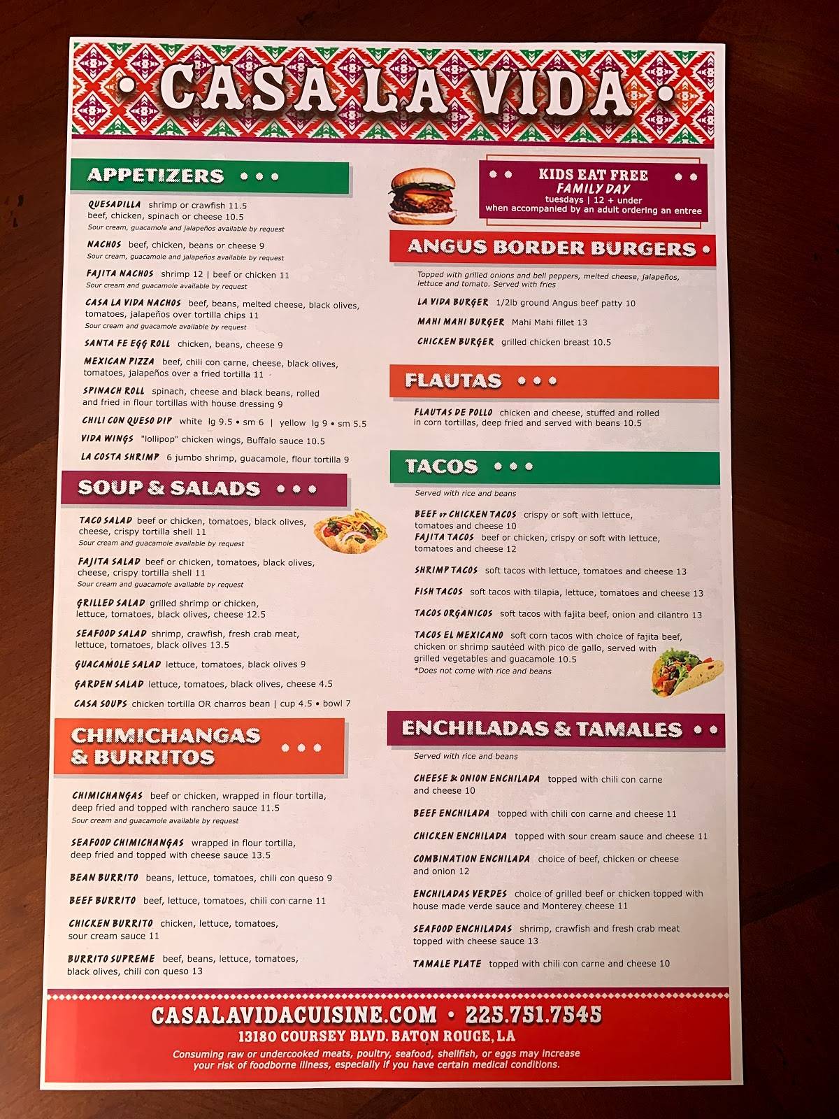 Menu at Casa La Vida restaurant, Baton Rouge