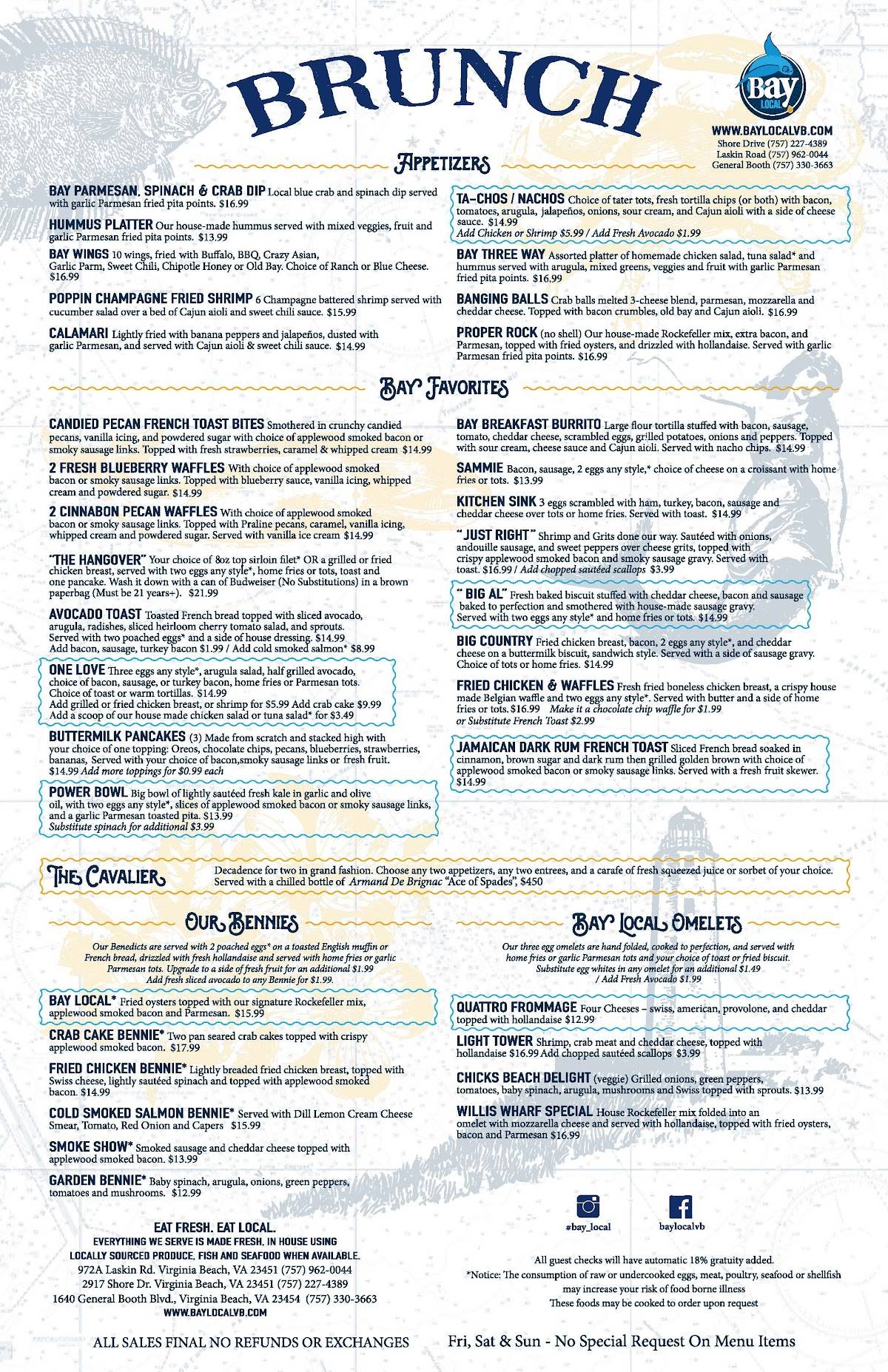 Menu at Bay Local Eatery restaurant, Virginia Beach, General Booth Blvd