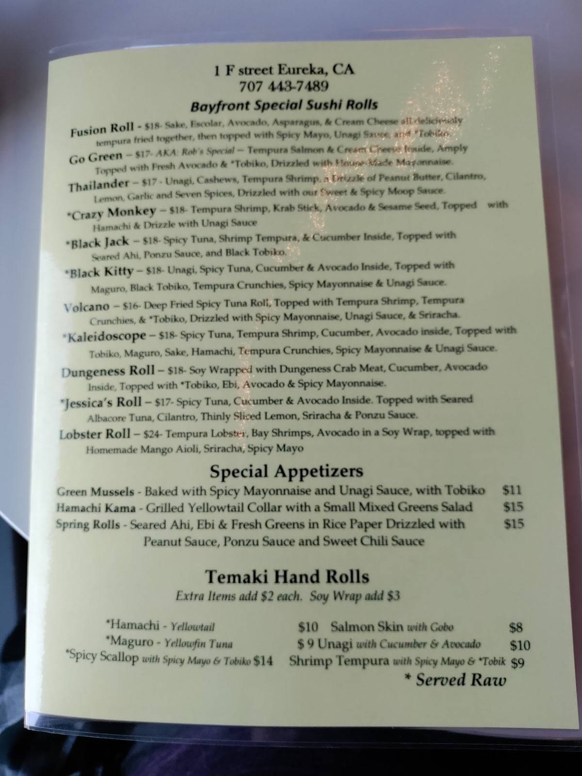Menu at Bayfront Restaurant, Eureka