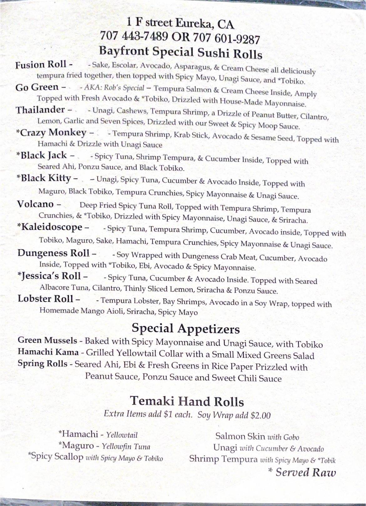 Menu at Bayfront Restaurant, Eureka