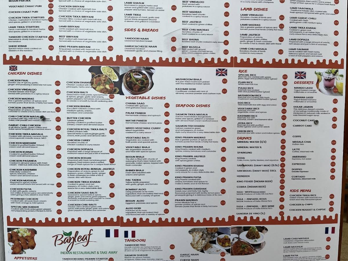 Menu at Bayleaf Indian Restaurant & Take Away, Tossa de Mar