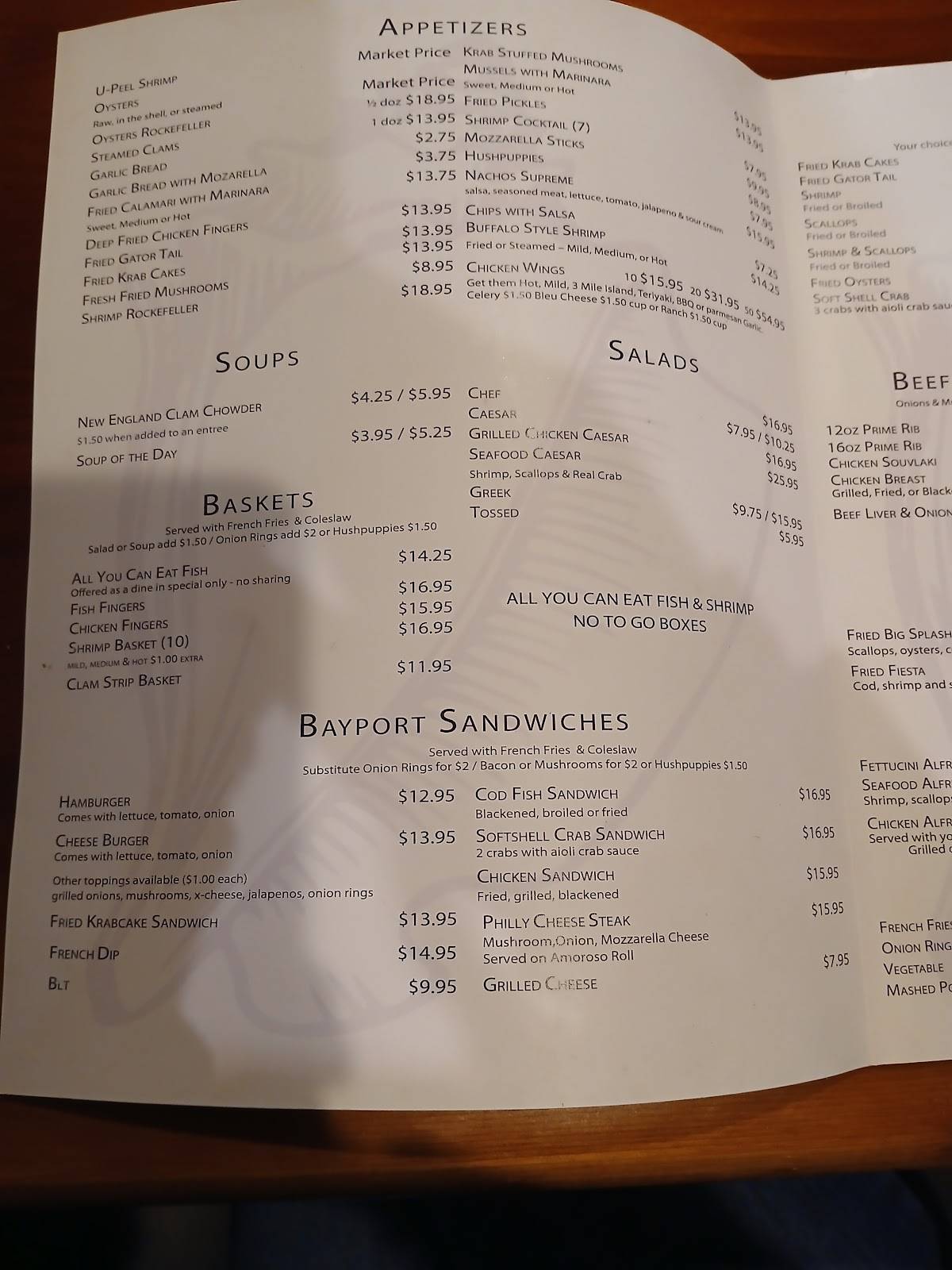 Menu at Bayport Inn pub & bar, Bayport, Cortez Blvd