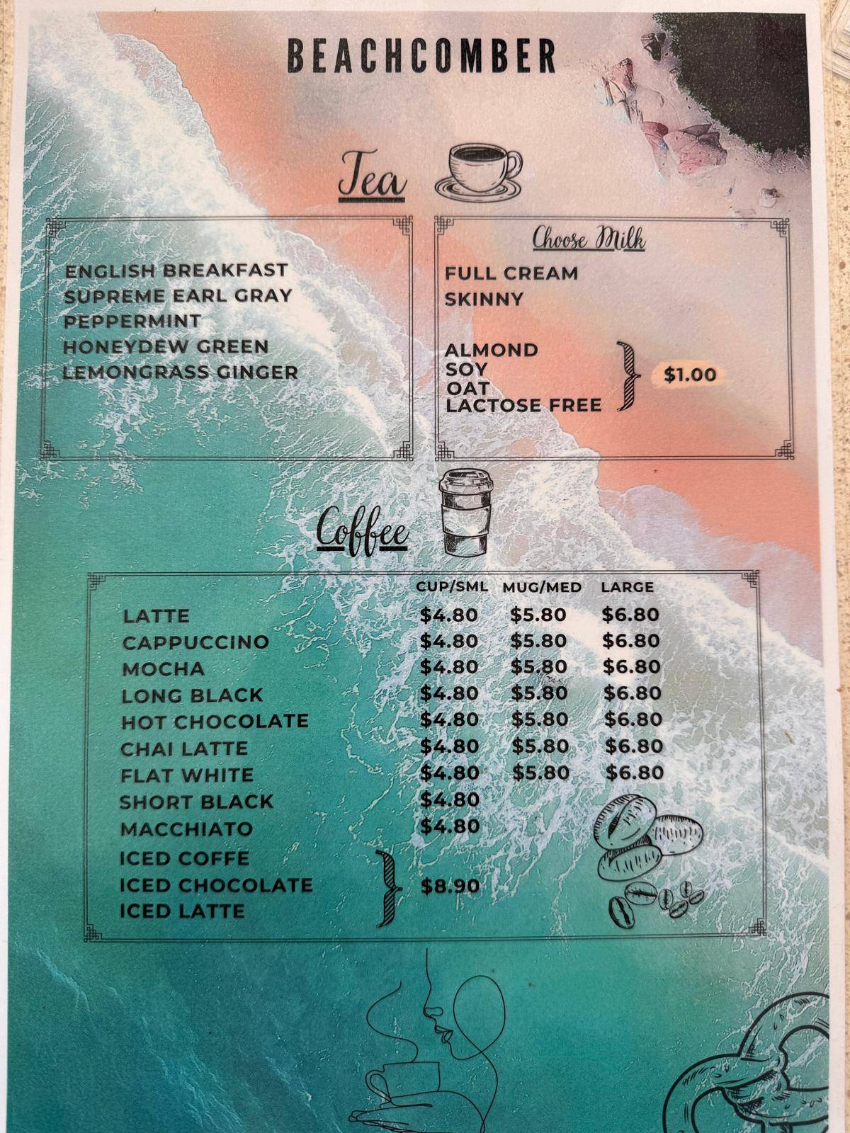 Menu at Beachcomber fast food, Coffin Bay