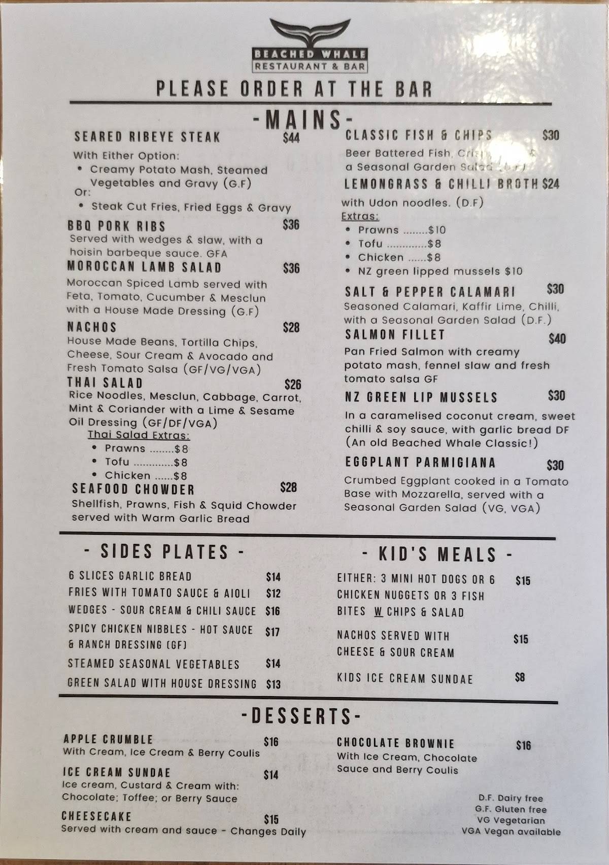 Menu at Beached Whale Restaurant & Bar, Kaiteriteri