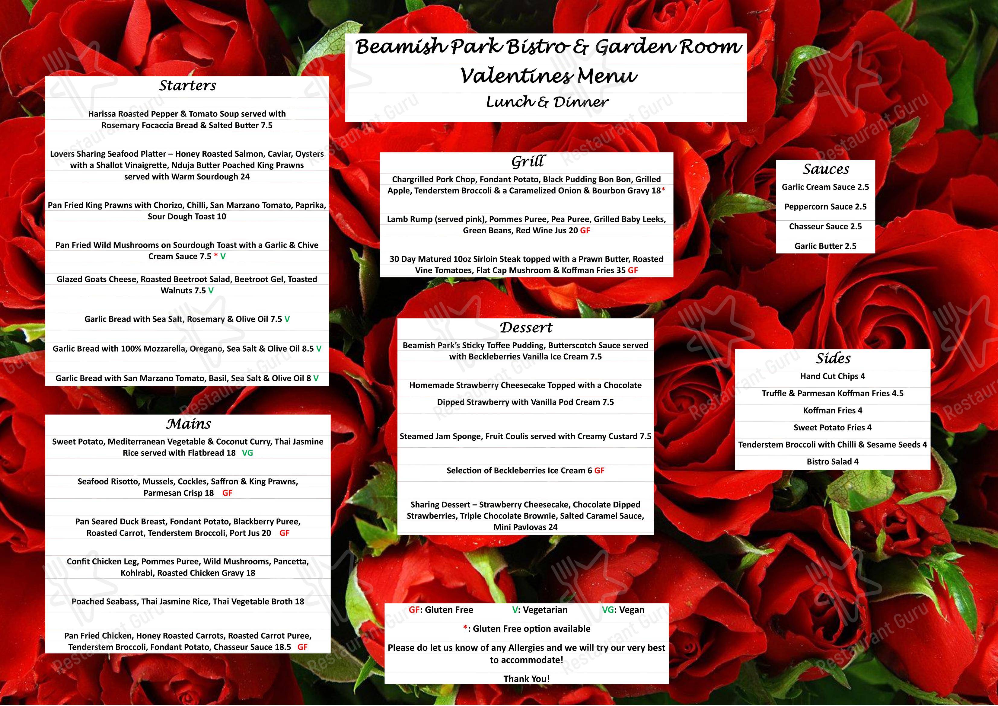 Menu at Beamish Park Hotel pub & bar, Newcastle upon Tyne