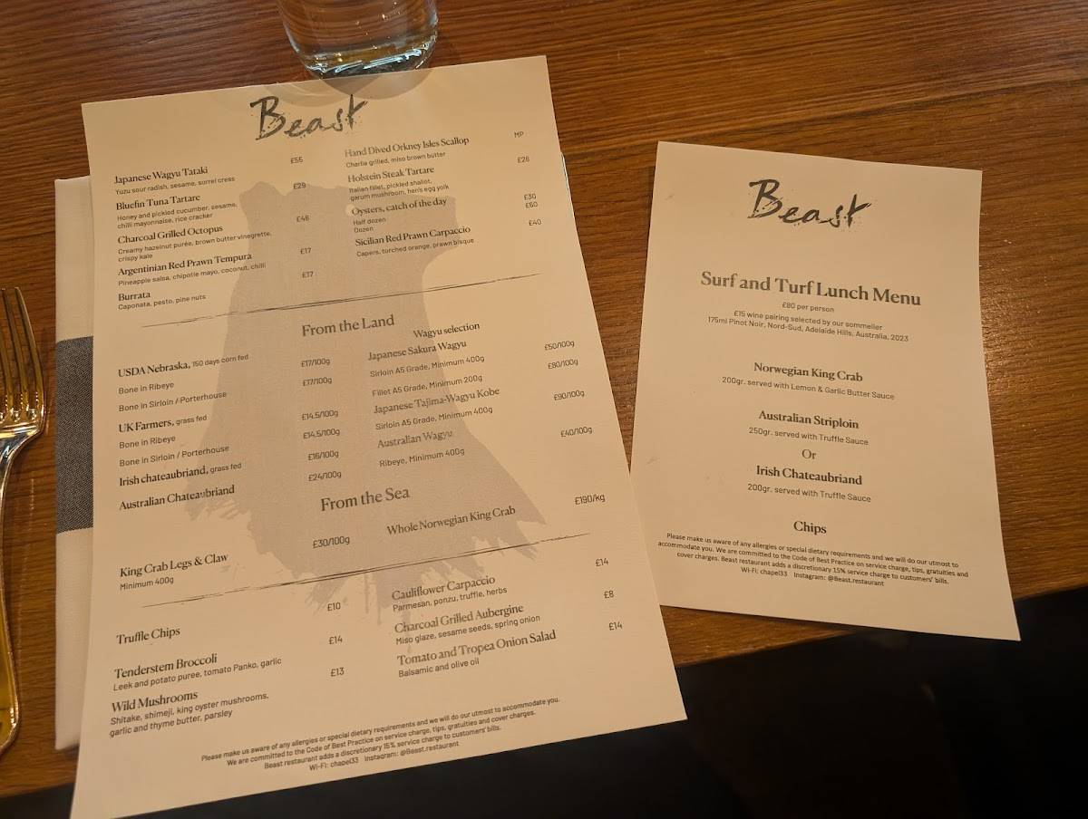 Menu at Beast steakhouse, London