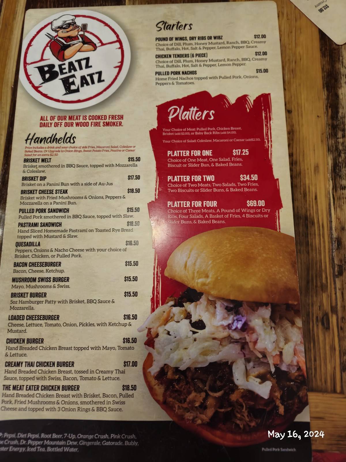 Menu at Beatz Eatz restaurant, Estevan