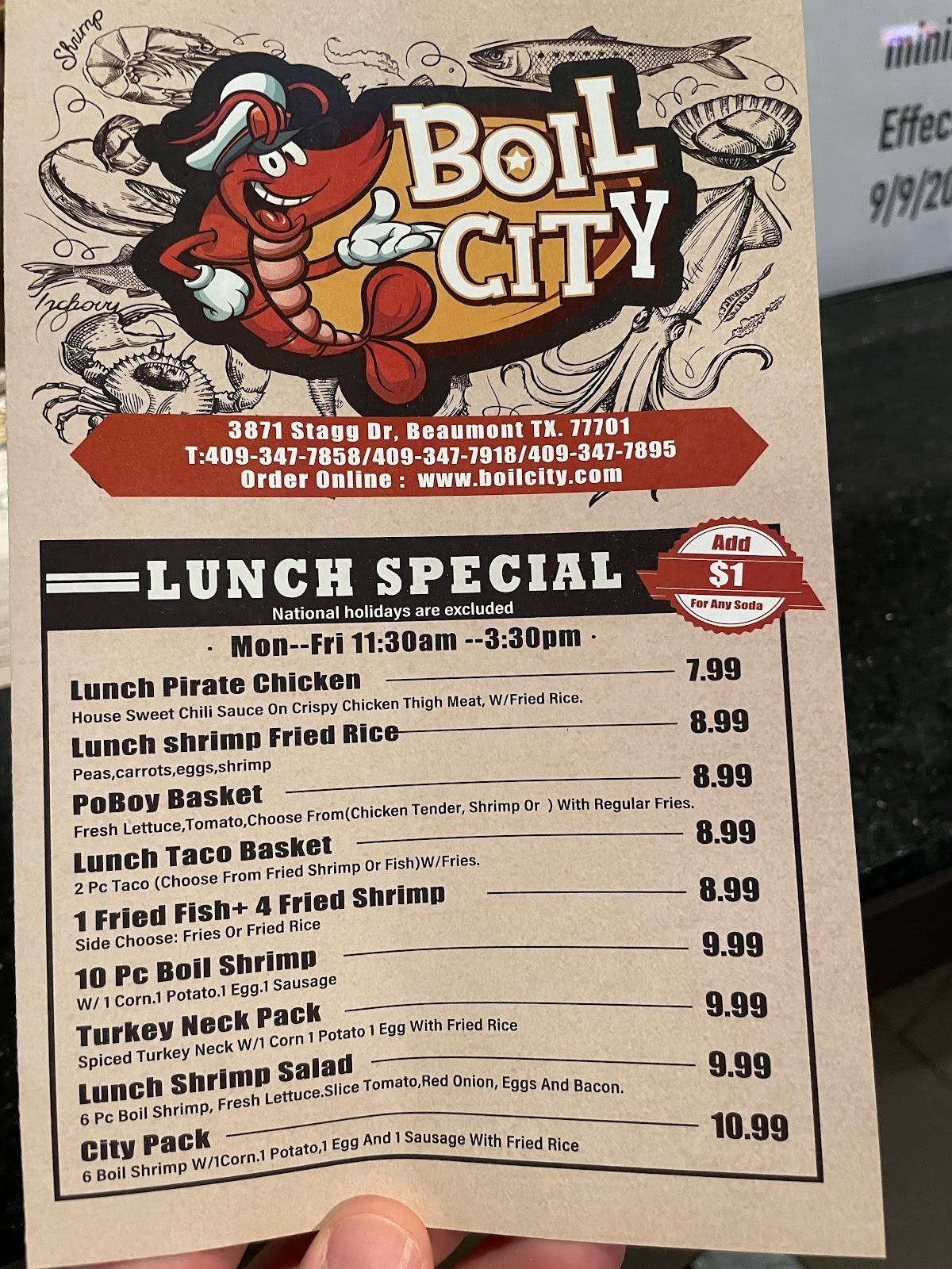 Menu at Boil City restaurant, Beaumont