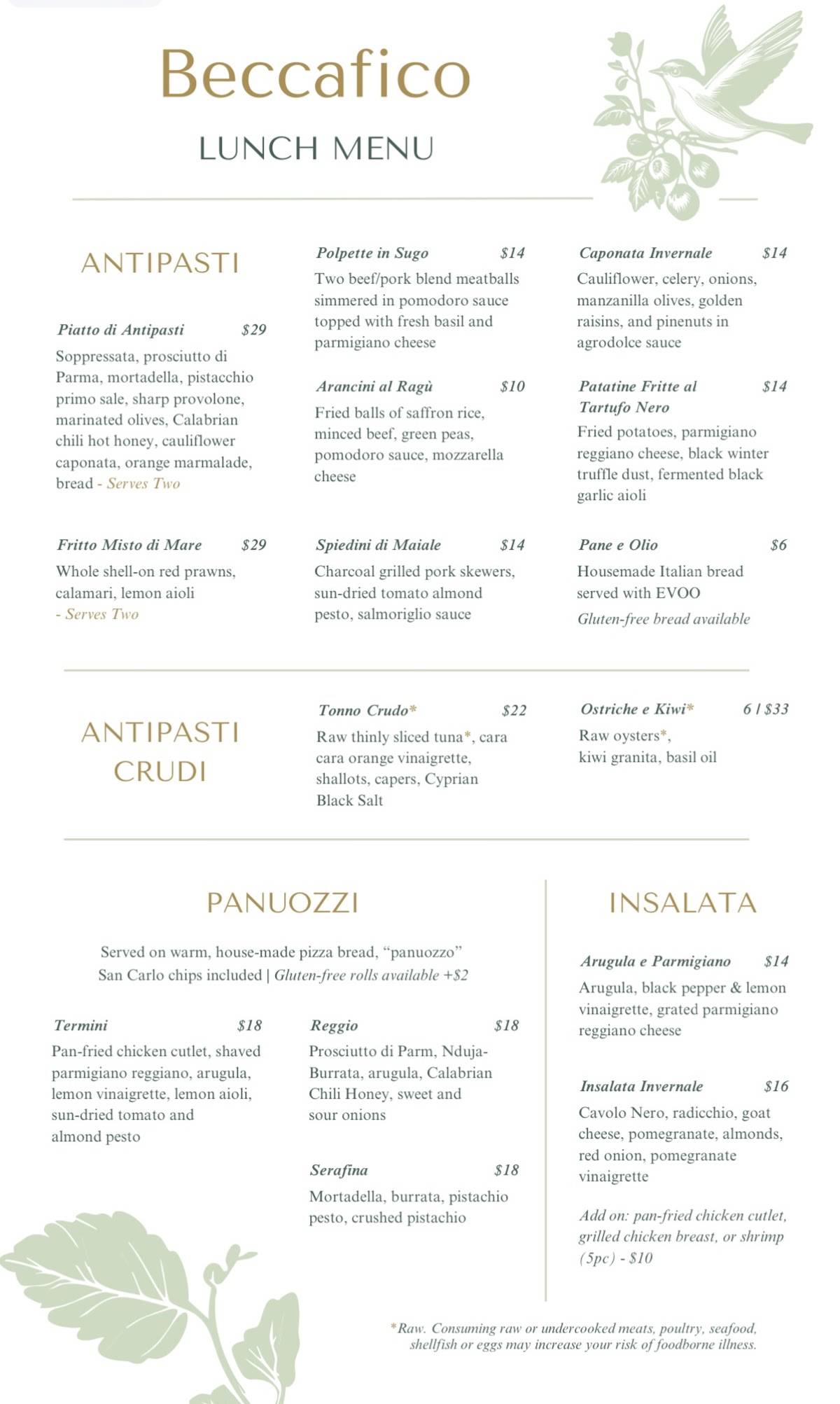 Menu at Beccafico restaurant, Lititz
