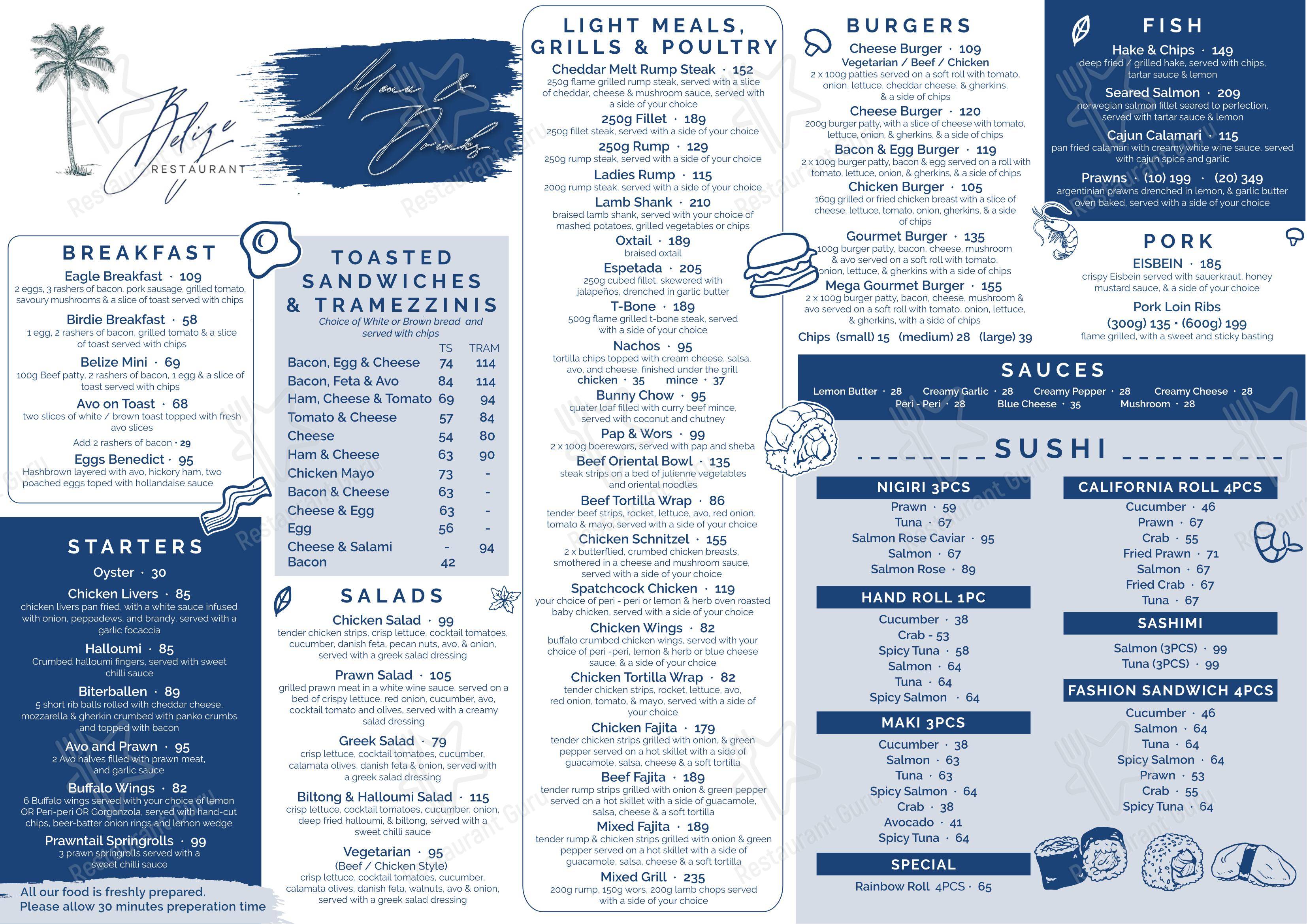 Menu at Belize Restaurant, Hartbeespoort
