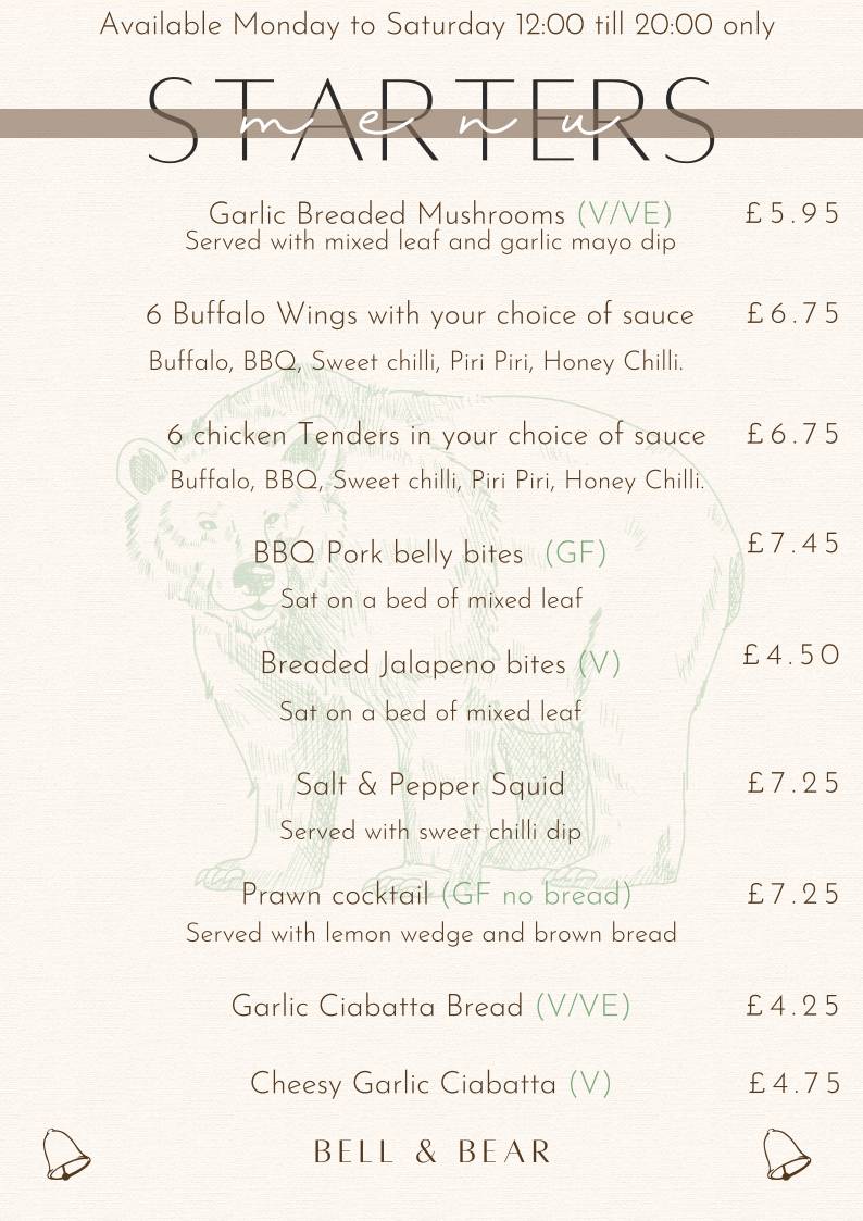 Menu at Bell & Bear Inn pub & bar, Rowley Regis