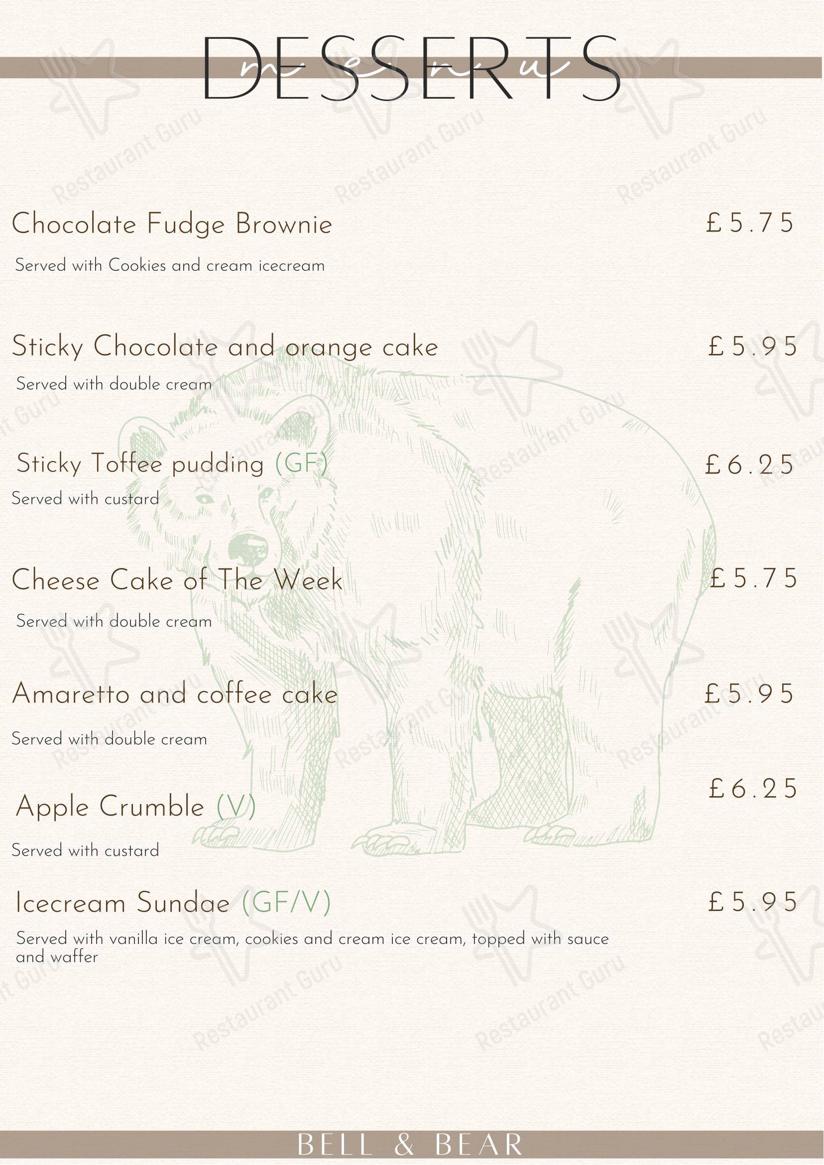 Menu at Bell & Bear Inn pub & bar, Rowley Regis
