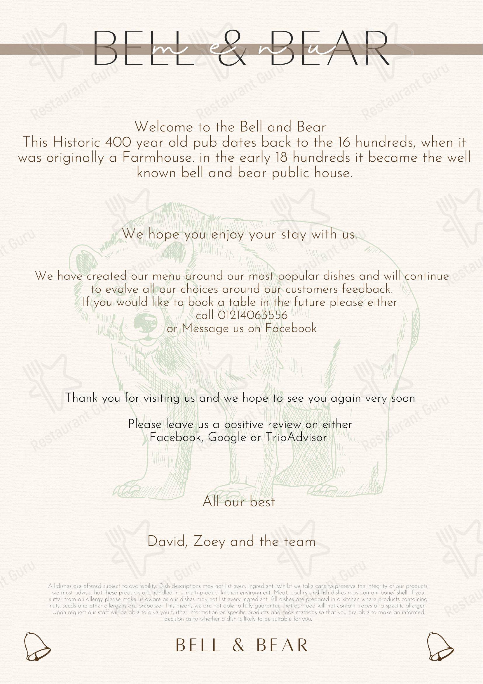 Menu at Bell & Bear Inn pub & bar, Rowley Regis