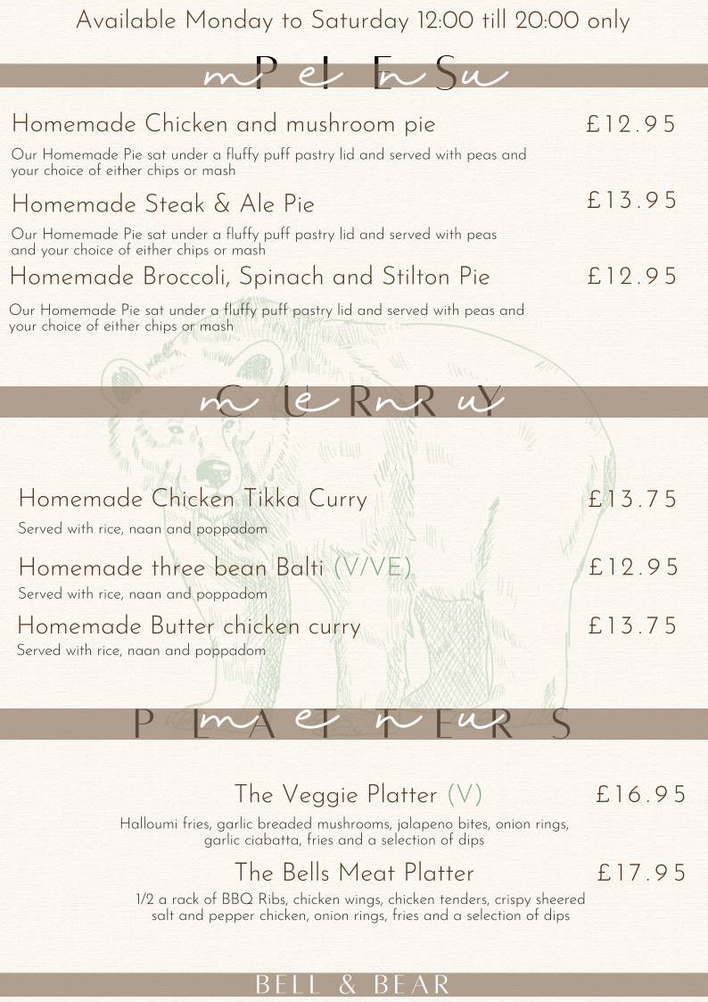 Menu at Bell & Bear Inn pub & bar, Rowley Regis