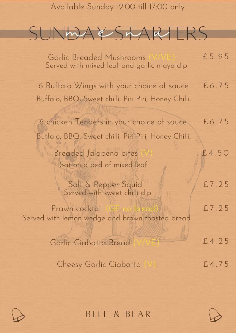 Menu at Bell & Bear Inn pub & bar, Rowley Regis