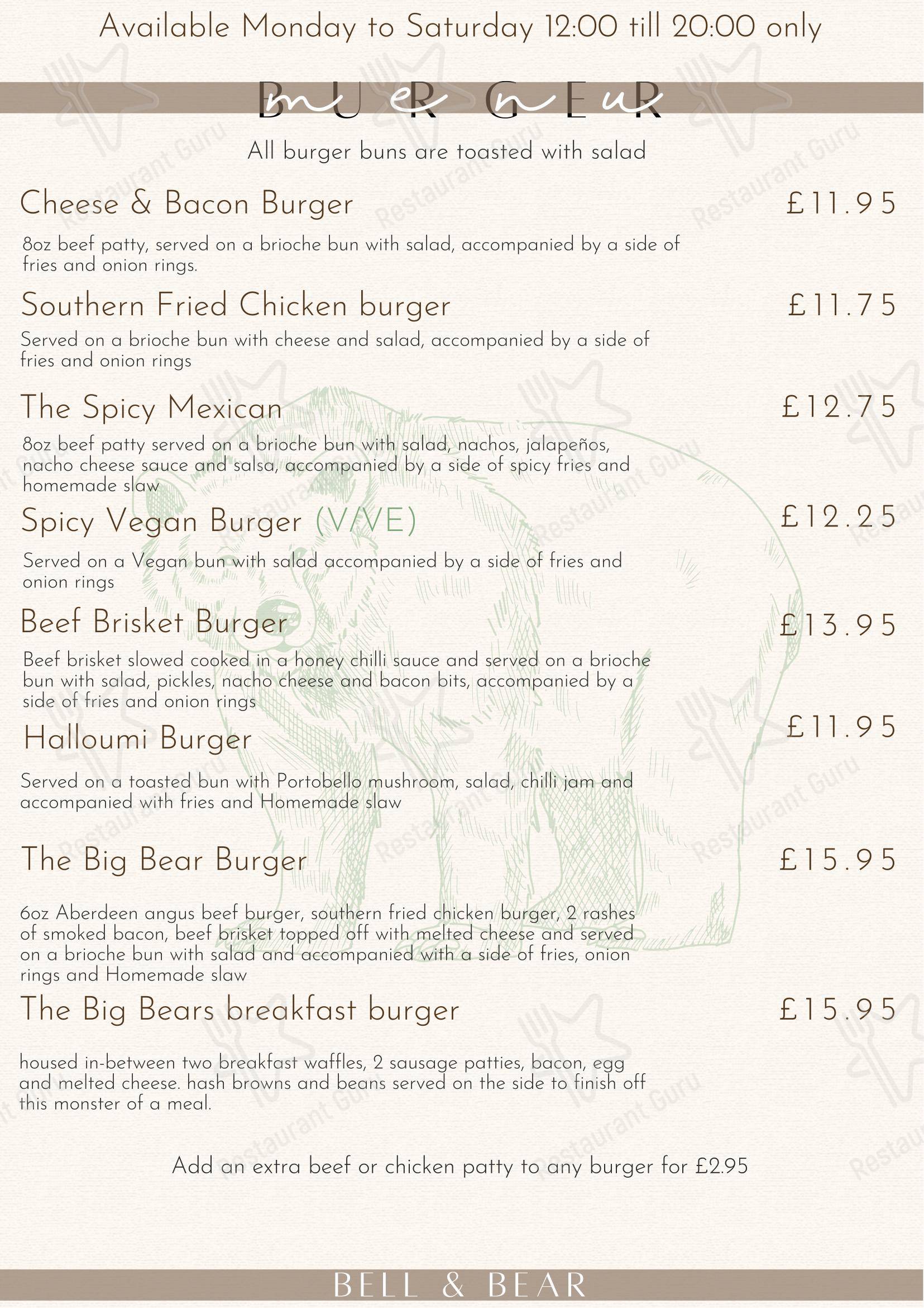 Menu at Bell & Bear Inn pub & bar, Rowley Regis