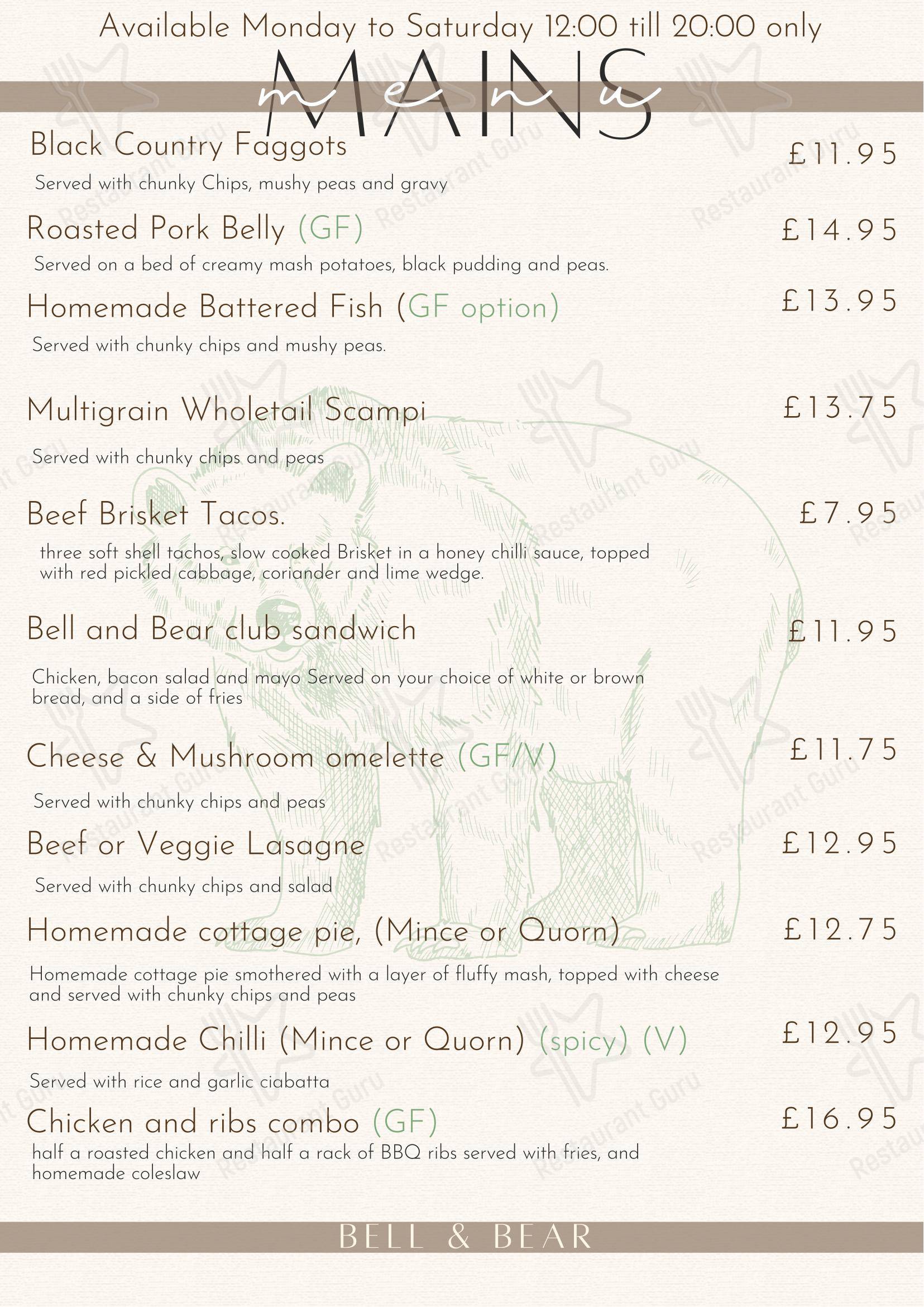Menu at Bell & Bear Inn pub & bar, Rowley Regis