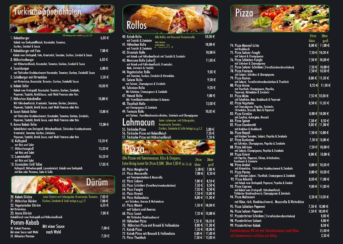 Speisekarte von Bella Arena Pizza-Kebab Haus, Ostrhauderfehn
