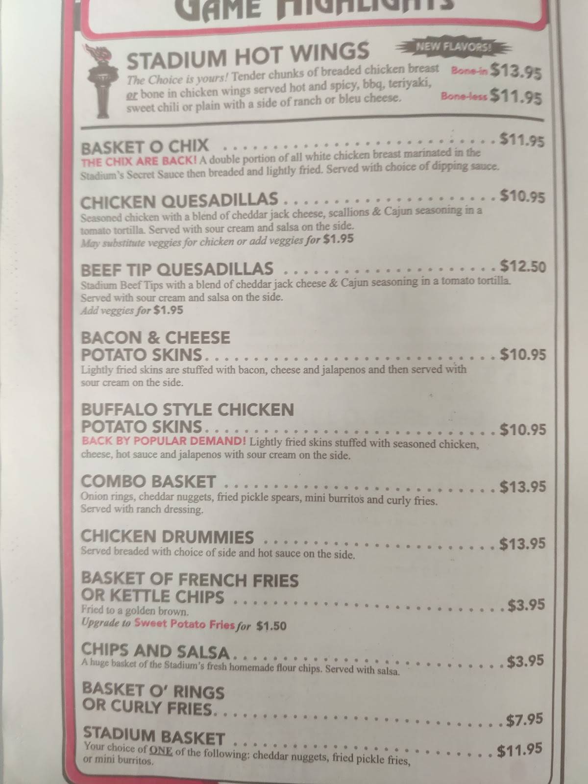 Menu at Stadium Sports Grill pub & bar, Belle Fourche