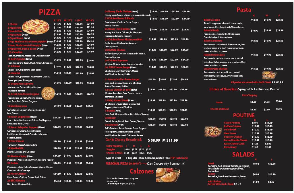 Menu at Bell's Pizza restaurant, Calgary