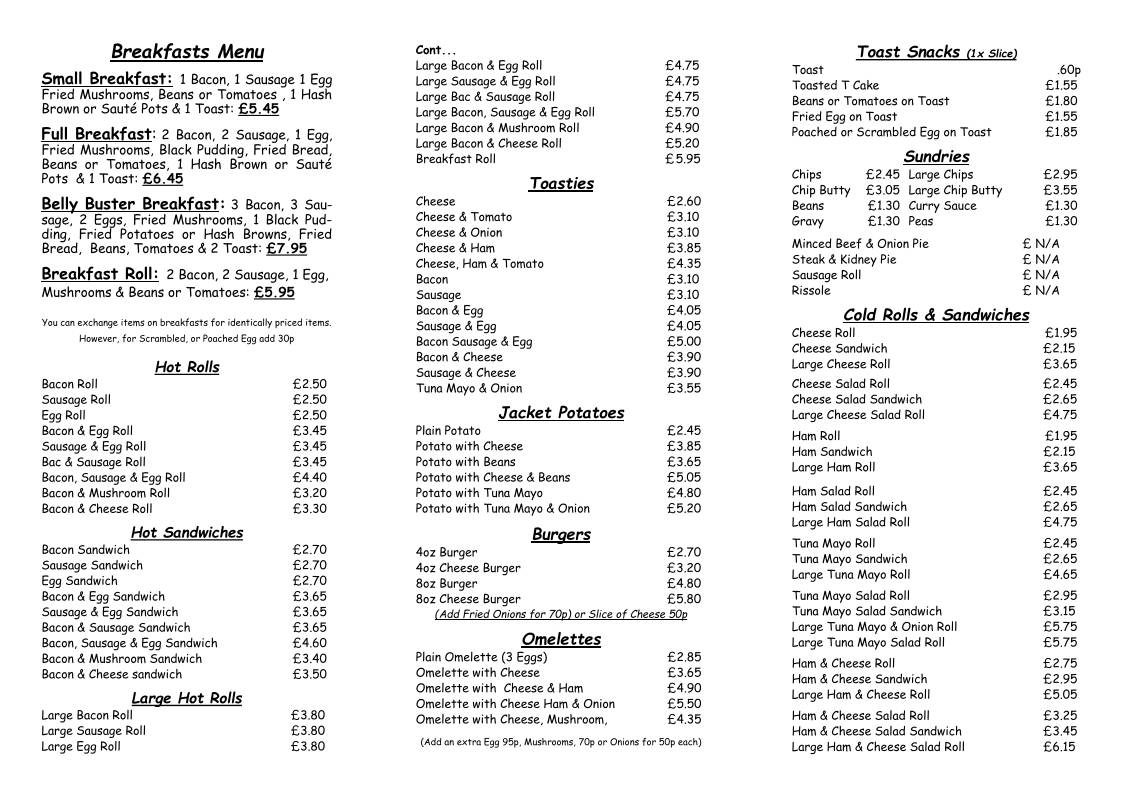 Menu at Belly Busters Cafe, Neath