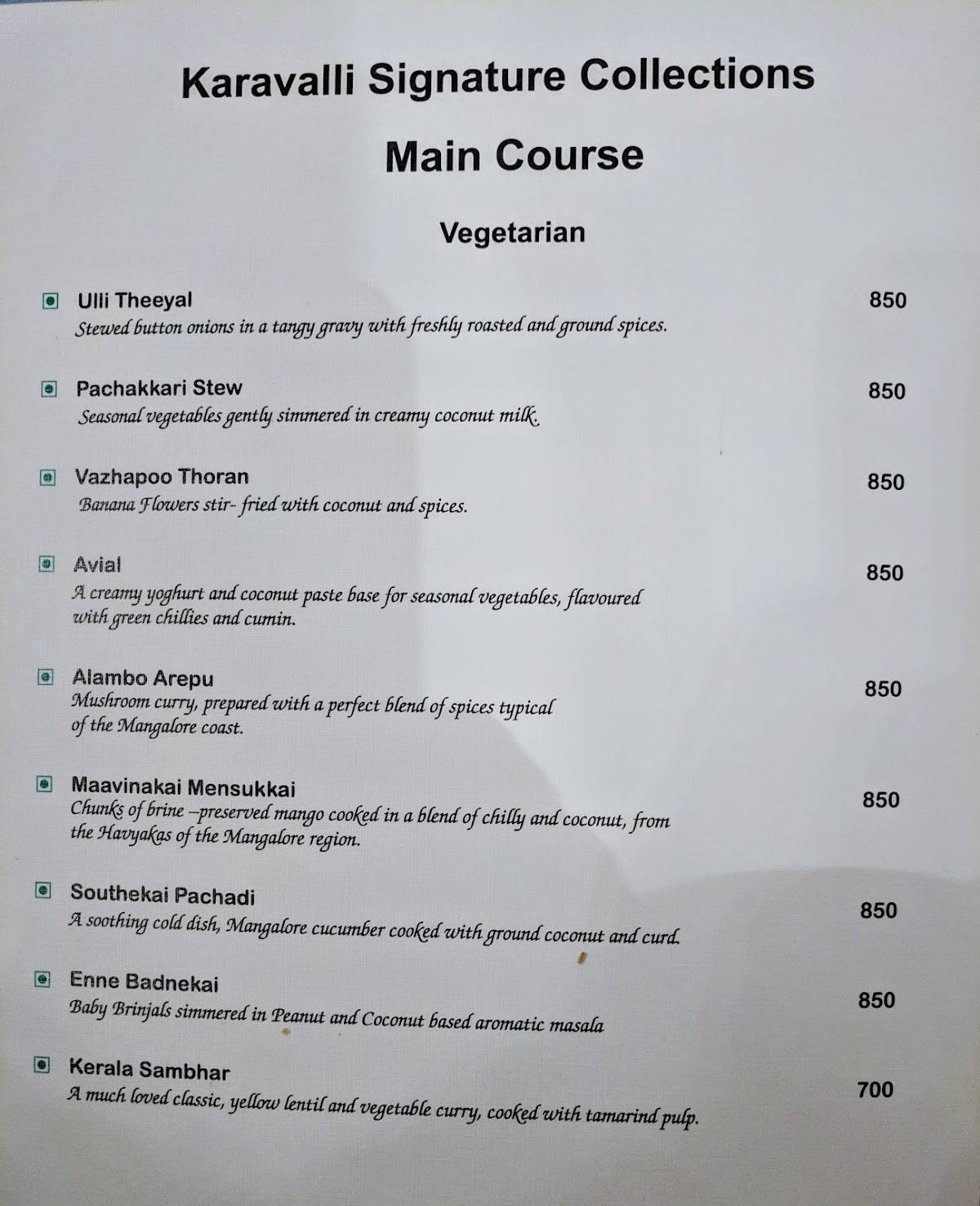 Menu at Karavalli, Bengaluru, Vivanta