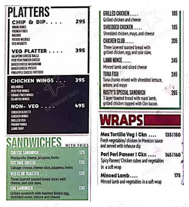 Menu at Rusty’s, Bengaluru