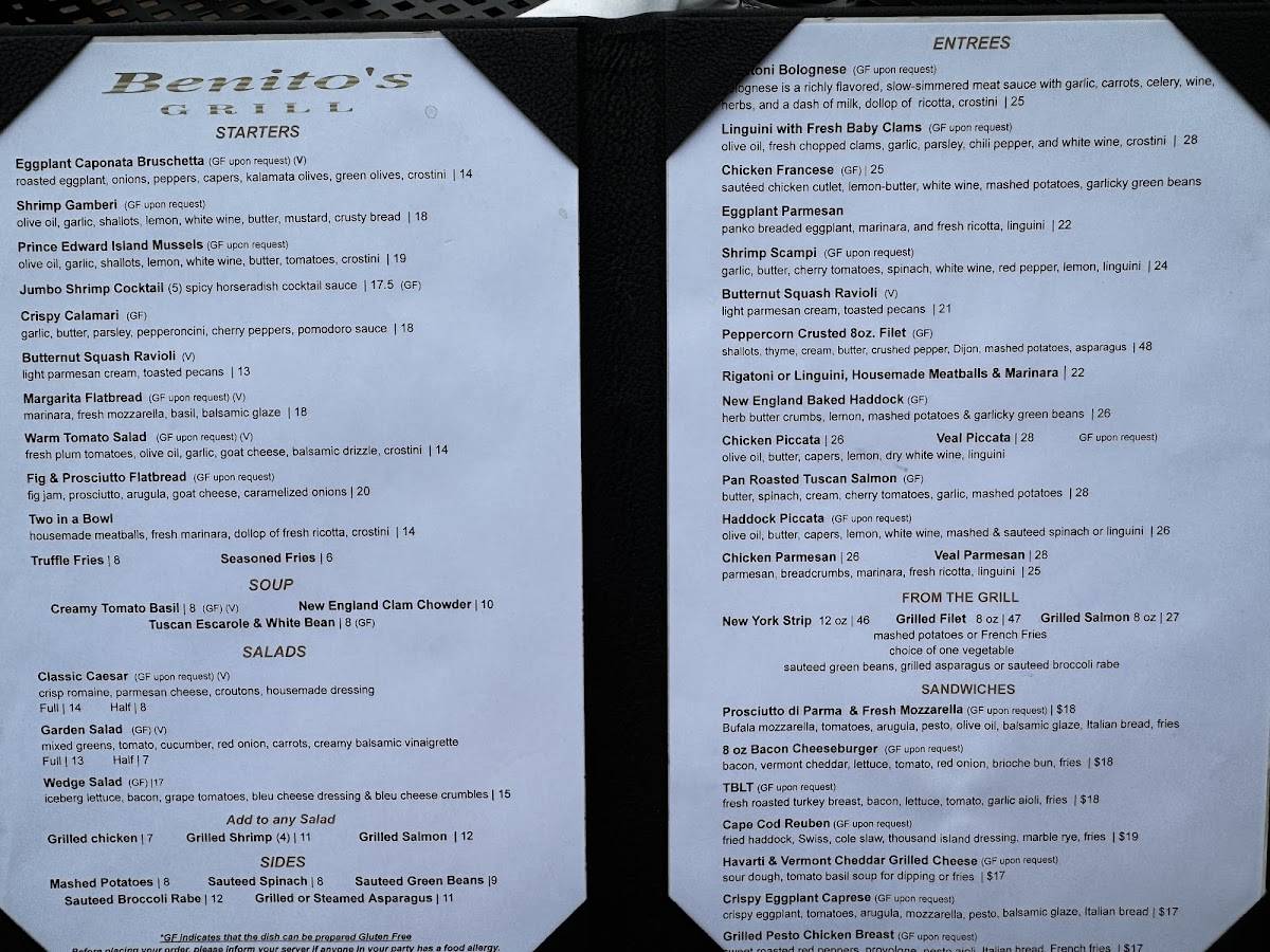 Menu at Benito's Grill restaurant, Leominster