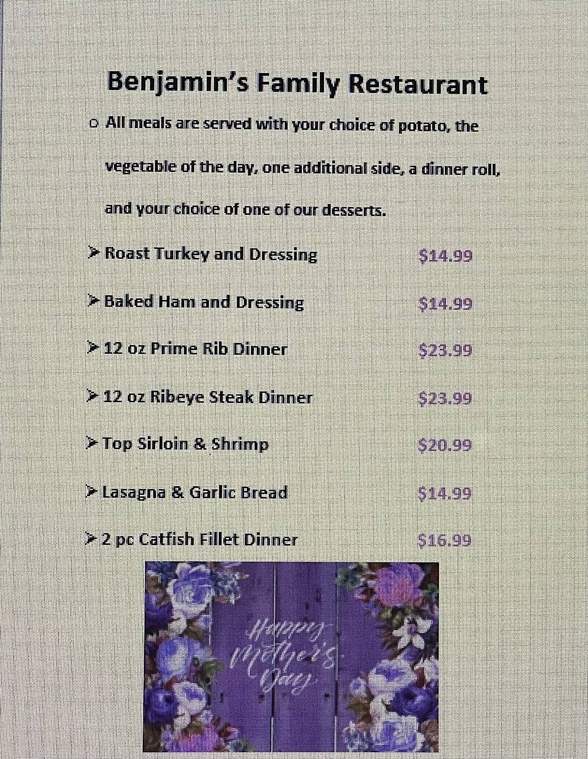 Menu at Benjamin's Restaurant, Covington