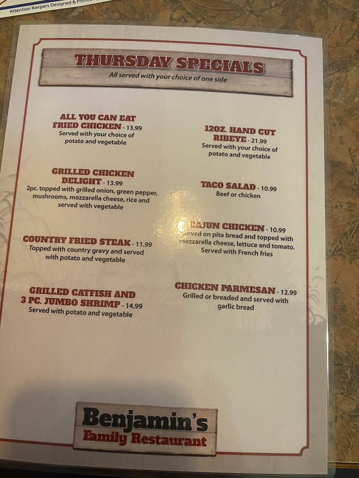 Menu at Benjamin's Restaurant, Covington