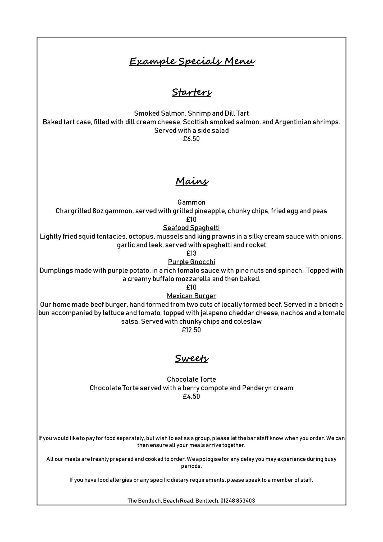 Menu at The Benllech pub & bar, Benllech