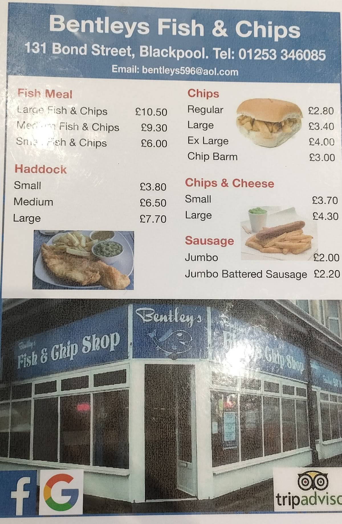 Menu at Bentley's Fish & Chip Shop restaurant, Blackpool