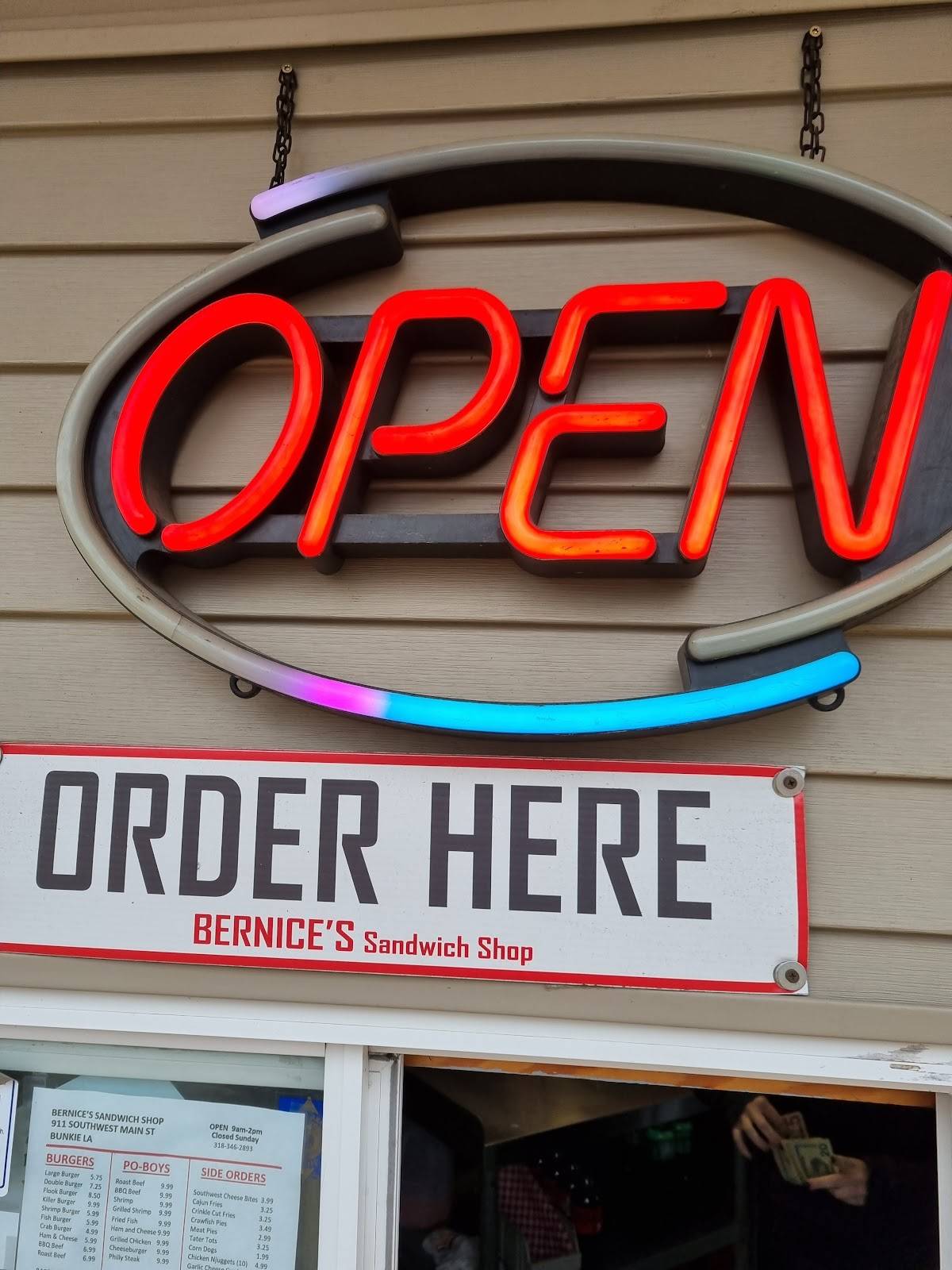 Menu at Bernice's Sandwich Shop restaurant, Bunkie