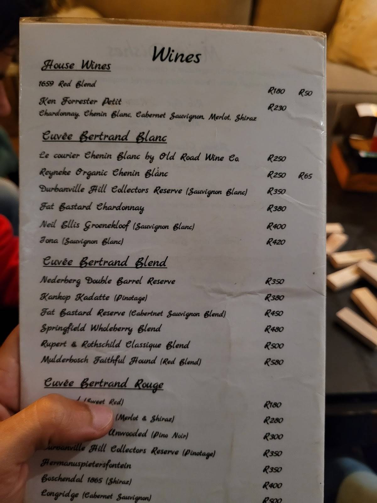 Menu at Bertrand Café restaurant, Johannesburg