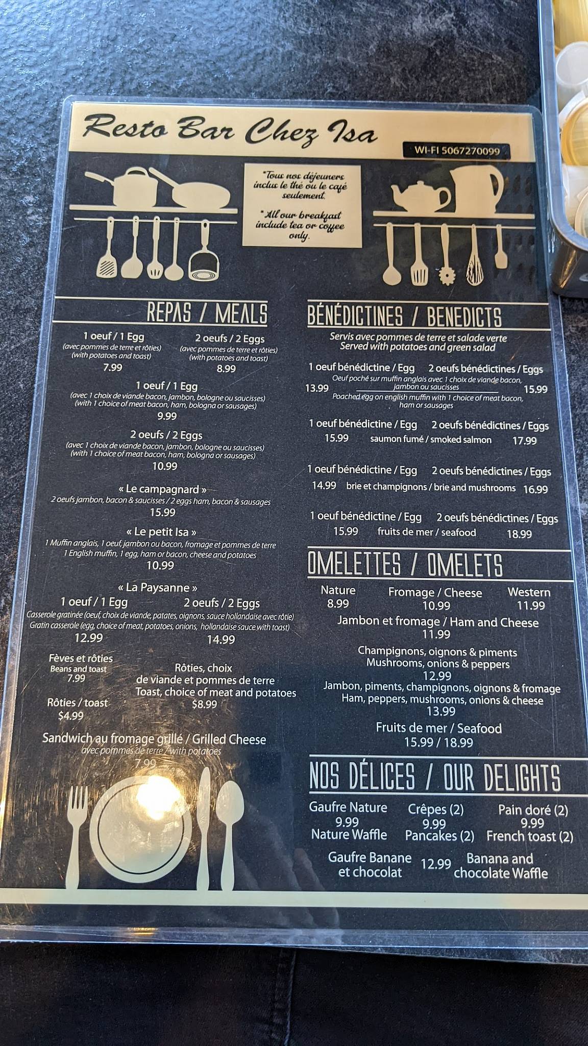 Menu au Resto Chez Isa restaurant, Bertrand