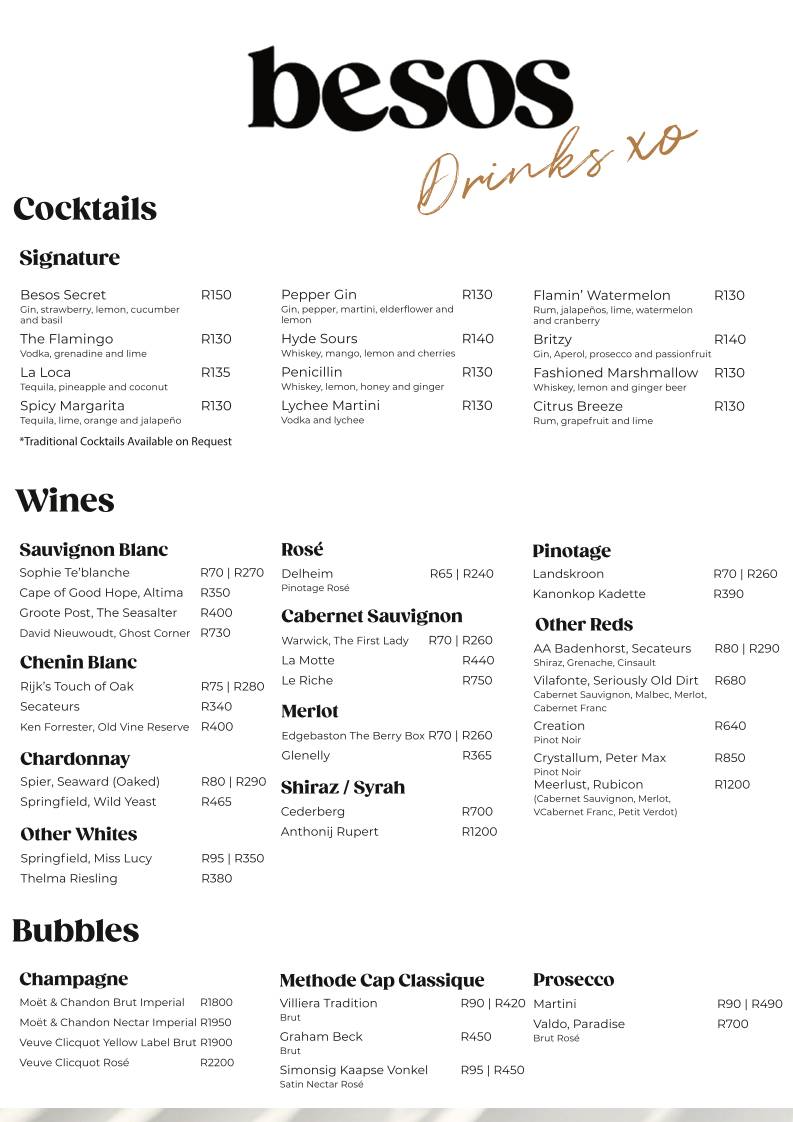 Menu at Besos Restaurant, Randburg