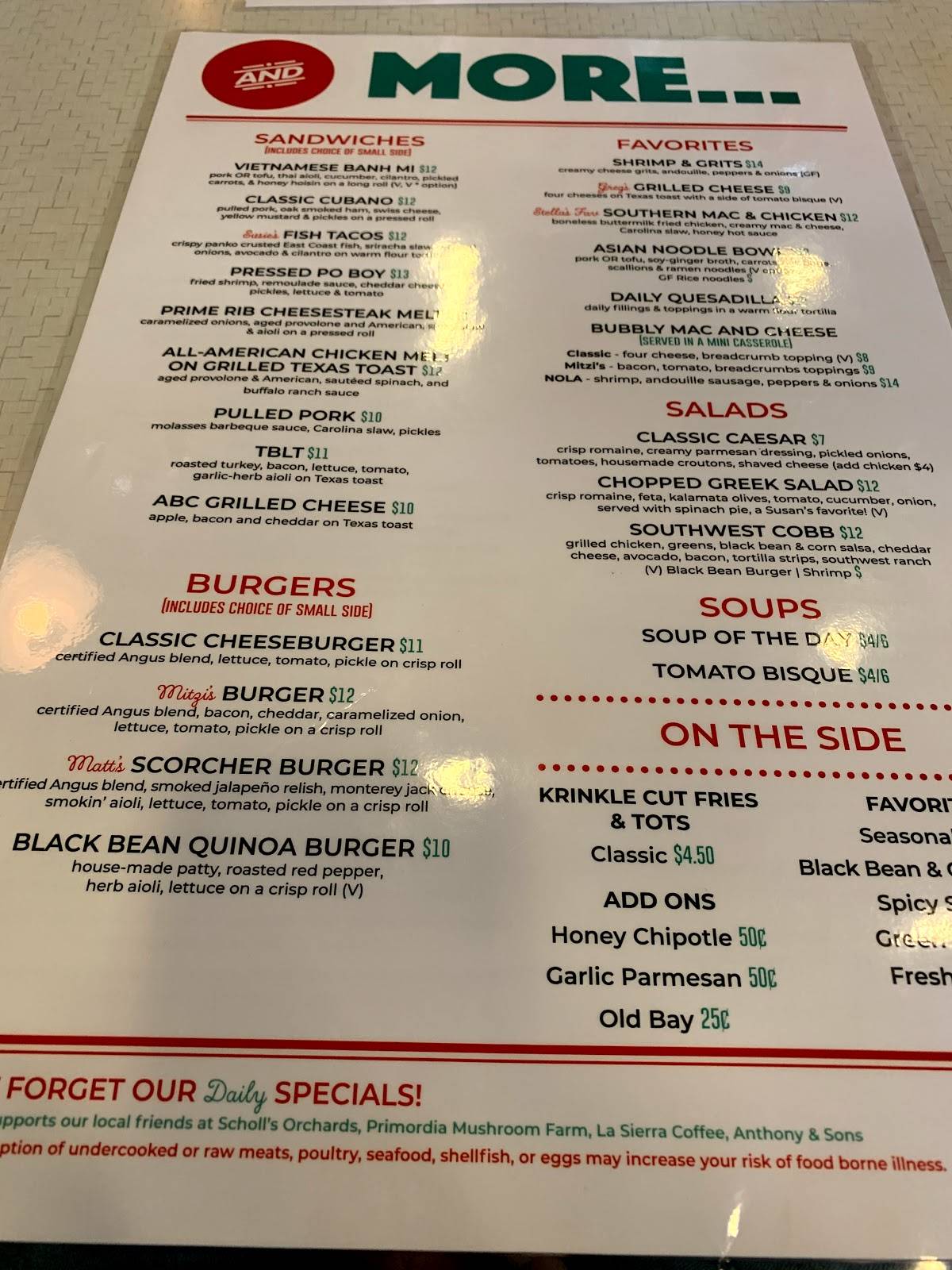 Menu at Mitzi's Table restaurant, Bethlehem