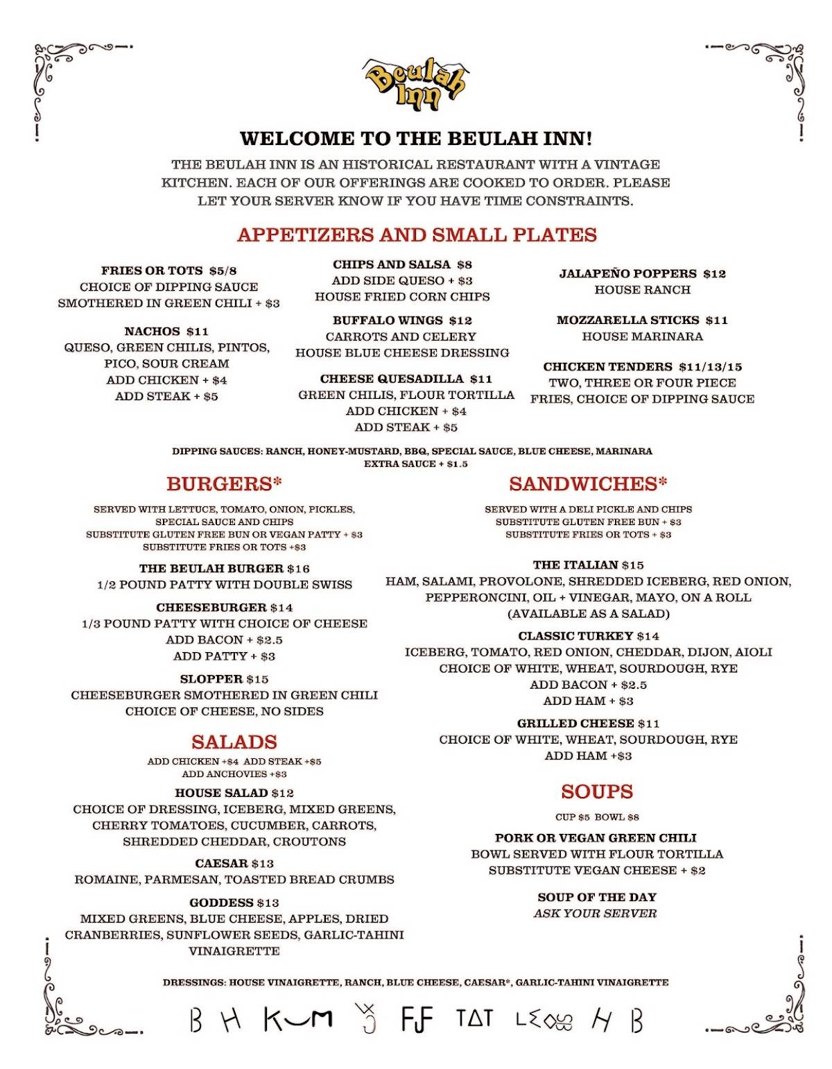 Menu at Beulah Inn restaurant, Beulah Valley