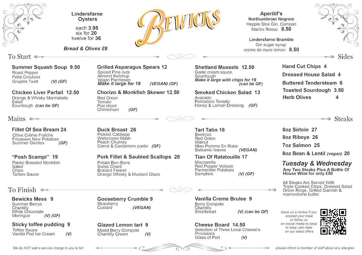 Menu at Bewick's Amble restaurant, Warkworth