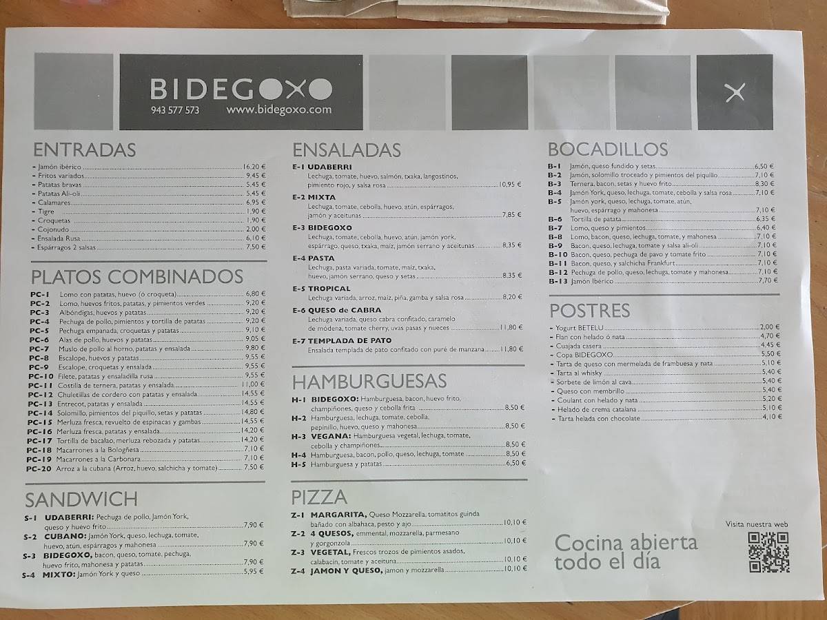 Carta de Bidegoxo Bar/Restaurante, Usabal
