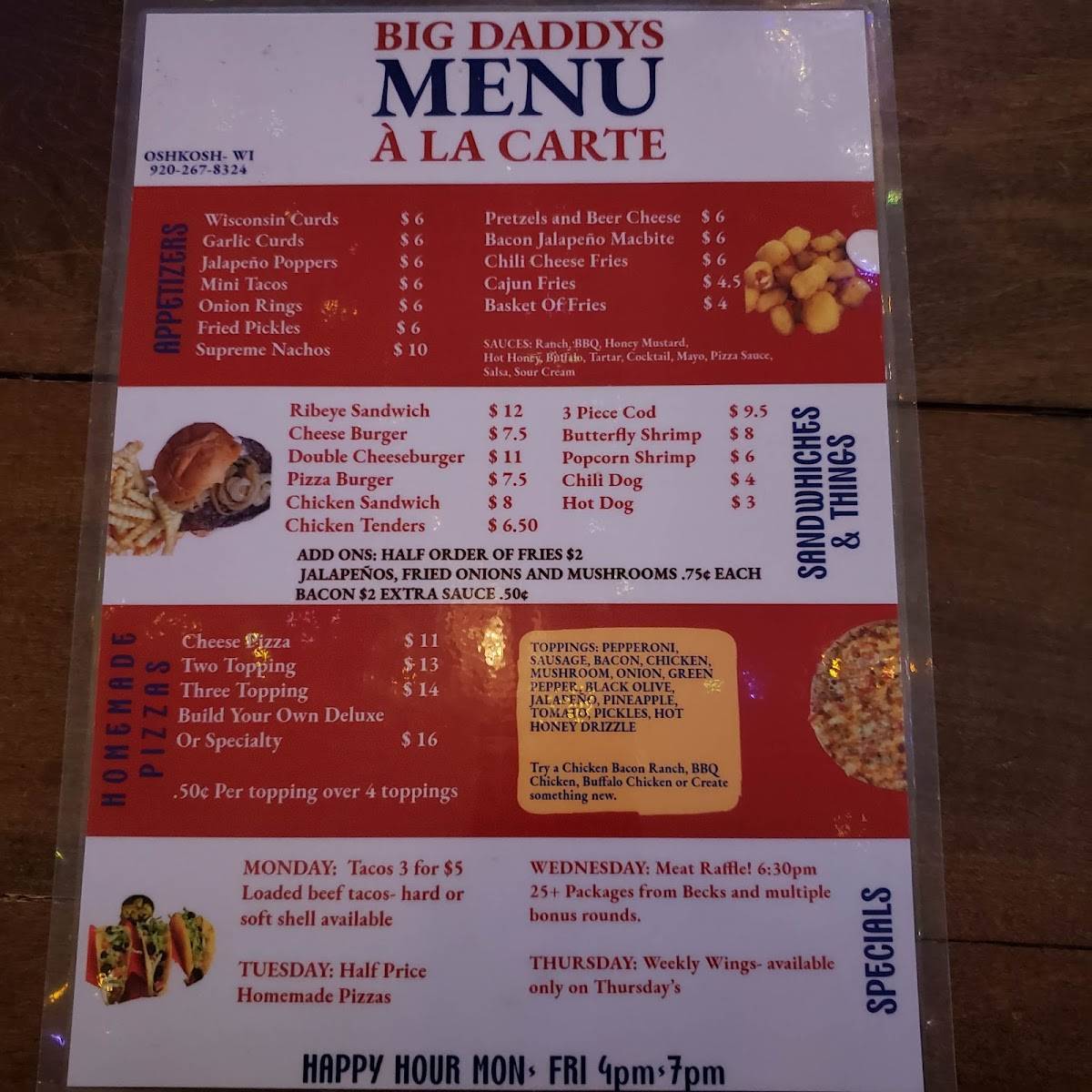 Menu at Big Daddy's Pub & Grub, Oshkosh, 300 W South Park Ave