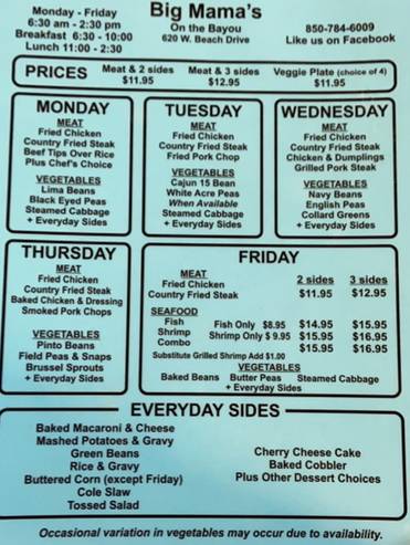 Menu at Big Mama's on the Bayou restaurant, Panama City, 620 W Beach Dr